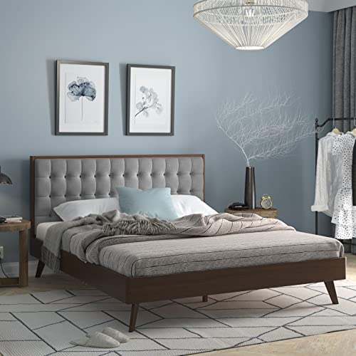 DG Casa Soloman Mid Century Modern Upholstered Platform Bed Frame with Square Button Tufted Headboard and Full Wooden Slats, Box Spring Not Required - King Size in Gray Fabric