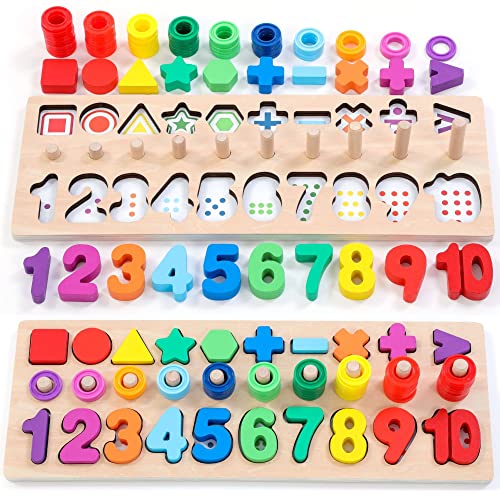 GeroCrew Wooden Montessori Toys for Kids Toddler Number Puzzles Sorter Counting Shape Stacker Stacking Game Preschool Toys for Boy Girl Learning Education Math Blocks 1 Year Old Girl Gifts (Rainbow)