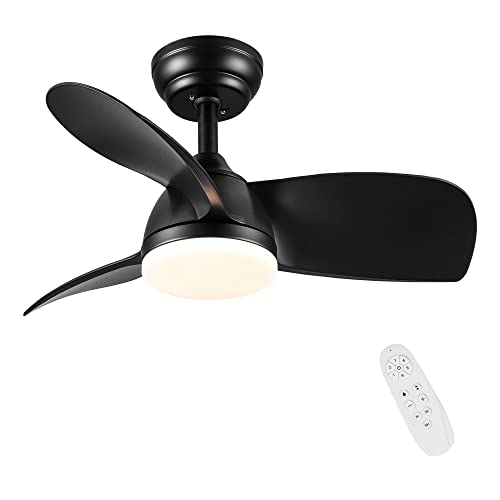 IQCSXLQ Small Black Ceiling Fan with Light and Remote, Modern Low Profile Ceiling Fan with Lights, 3 Blade Propeller Ceiling Fan with LED Light for Bedroom Living Room Kitchen Proch(28 Inch, Black)