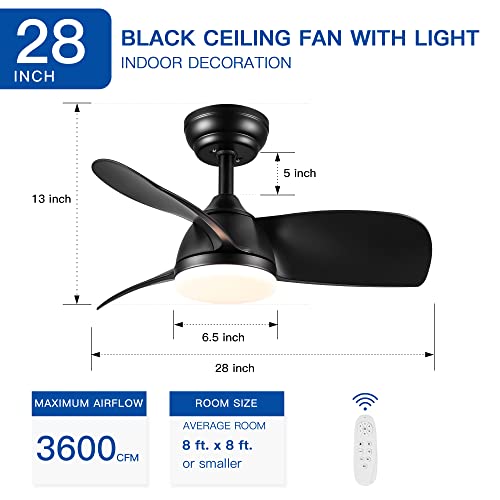 IQCSXLQ Small Black Ceiling Fan with Light and Remote, Modern Low Profile Ceiling Fan with Lights, 3 Blade Propeller Ceiling Fan with LED Light for Bedroom Living Room Kitchen Proch(28 Inch, Black)