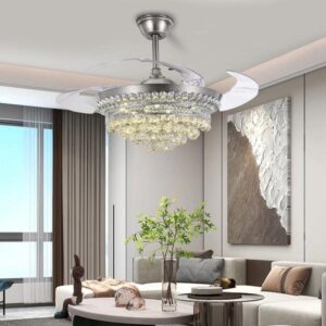 Clody 42'' Crystal Fandelier Ceiling Fan with Lights, Modern Chandelier Ceiling Fans with 3 Color LED Panel 6 Speed Quiet Motor Retractable and Reversible Blades Fan for Indoor