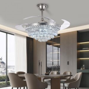 Clody 42'' Crystal Fandelier Ceiling Fan with Lights, Modern Chandelier Ceiling Fans with 3 Color LED Panel 6 Speed Quiet Motor Retractable and Reversible Blades Fan for Indoor