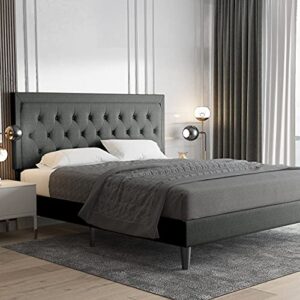 allewie king size platform bed frame/fabric upholstered bed frame with diamond button tufted headboard/adjustable headboard/wood slat support/mattress foundation/dark grey (king)