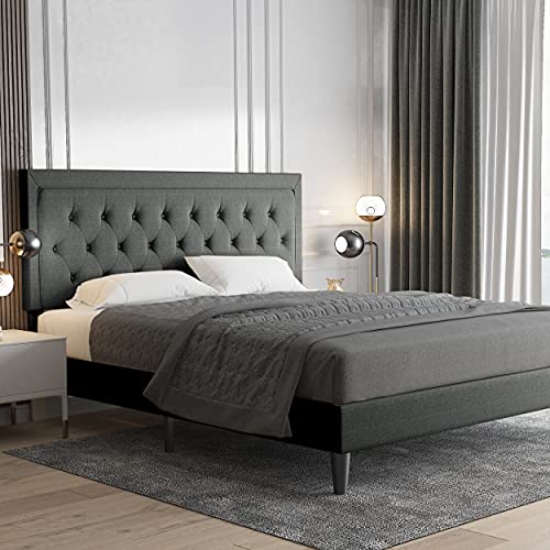 Allewie King Size Platform Bed Frame/Fabric Upholstered Bed Frame with Diamond Button Tufted Headboard/Adjustable Headboard/Wood Slat Support/Mattress Foundation/Dark Grey (King)