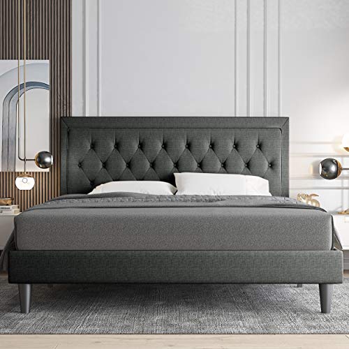 Allewie King Size Platform Bed Frame/Fabric Upholstered Bed Frame with Diamond Button Tufted Headboard/Adjustable Headboard/Wood Slat Support/Mattress Foundation/Dark Grey (King)