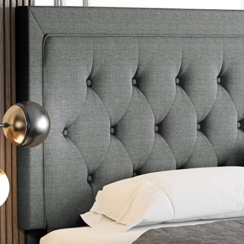 Allewie King Size Platform Bed Frame/Fabric Upholstered Bed Frame with Diamond Button Tufted Headboard/Adjustable Headboard/Wood Slat Support/Mattress Foundation/Dark Grey (King)