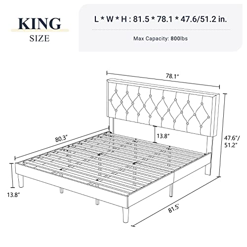 Allewie King Size Platform Bed Frame/Fabric Upholstered Bed Frame with Diamond Button Tufted Headboard/Adjustable Headboard/Wood Slat Support/Mattress Foundation/Dark Grey (King)