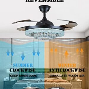 FINE MAKER 42" Bluetooth Fandelier Ceiling Fan with Light, Modern Black Reversible Chandelier Fan with RGB Light Colors Retractable Blades Light Fixture for Bedroom Living Room