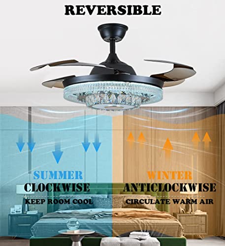 FINE MAKER 42" Bluetooth Fandelier Ceiling Fan with Light, Modern Black Reversible Chandelier Fan with RGB Light Colors Retractable Blades Light Fixture for Bedroom Living Room