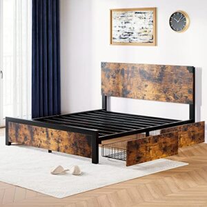 Amyove Queen Bed Frame with Storage, Queen Siz Bed Frame with 4 Drawers, Rustic Wood and Metal Bed Frame with Large Storage, Noise Free, No Box Spring Needed