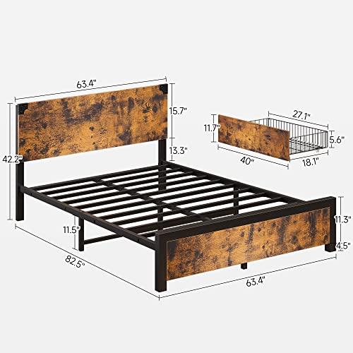 Amyove Queen Bed Frame with Storage, Queen Siz Bed Frame with 4 Drawers, Rustic Wood and Metal Bed Frame with Large Storage, Noise Free, No Box Spring Needed