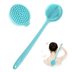 shower brush silicone bath body brush - back scrubber for shower back brush long handle for shower skin exfoliating brush body with soft bristles back cleaning washer for men women - blue