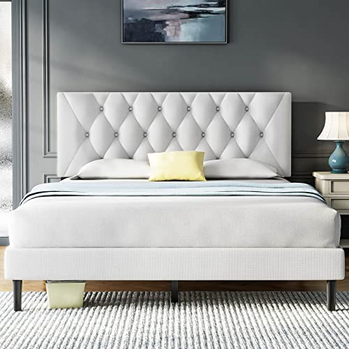 Molblly Full Size Platform Bed Frame with Adjustable Headboard, Linen Fabric Wrap, Strong Frame and Wooden Slats Support, No Box Spring Needed, Non-Slip and Noise-Free, Easy Assembly, White