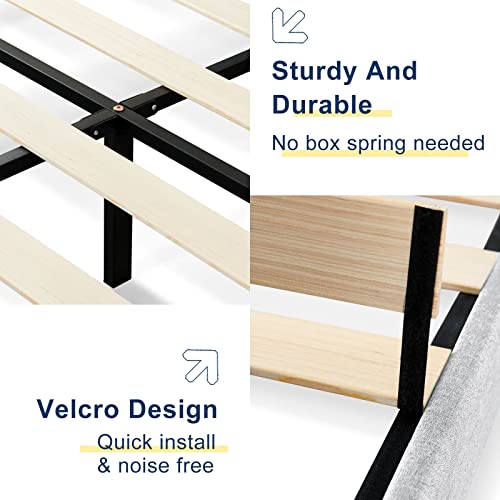 Molblly Full Size Platform Bed Frame with Adjustable Headboard, Linen Fabric Wrap, Strong Frame and Wooden Slats Support, No Box Spring Needed, Non-Slip and Noise-Free, Easy Assembly, White