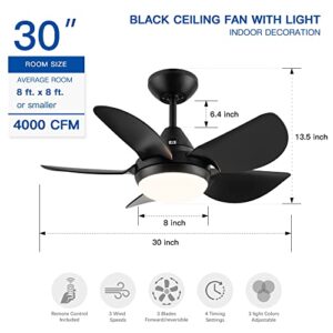 IQCSXLQ Black Low Profile Ceiling Fan with Lights and Remote, Small Bedroom Ceiling Fan with Light and Remote Enclosed, Modern Ceiling Fan for Kitchen Dining Room Living Room Patio (30 Inch, Black)