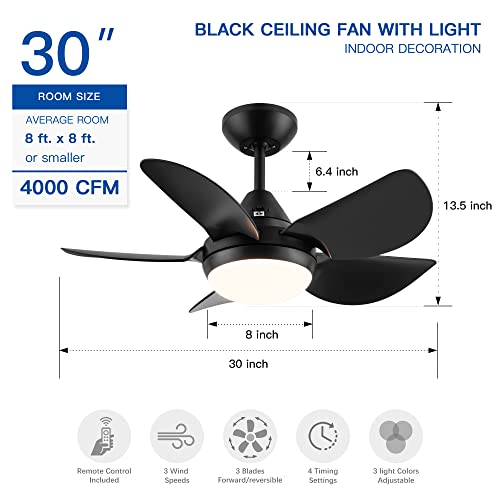 IQCSXLQ Black Low Profile Ceiling Fan with Lights and Remote, Small Bedroom Ceiling Fan with Light and Remote Enclosed, Modern Ceiling Fan for Kitchen Dining Room Living Room Patio (30 Inch, Black)