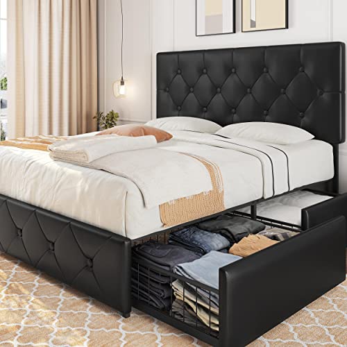 Yaheetech Upholstered Bed Frame with 4 Storage Drawers and Adjustable Headboard, Faux Leather Platform Bed Frame with Mattress Foundation, Strong Wooden Slats Support, No Box Spring Needed, Black-Full