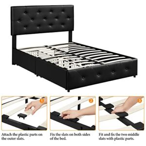 Yaheetech Upholstered Bed Frame with 4 Storage Drawers and Adjustable Headboard, Faux Leather Platform Bed Frame with Mattress Foundation, Strong Wooden Slats Support, No Box Spring Needed, Black-Full