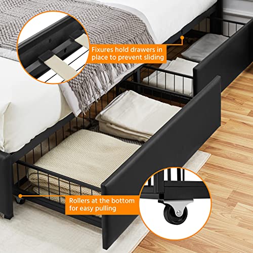 Yaheetech Upholstered Bed Frame with 4 Storage Drawers and Adjustable Headboard, Faux Leather Platform Bed Frame with Mattress Foundation, Strong Wooden Slats Support, No Box Spring Needed, Black-Full