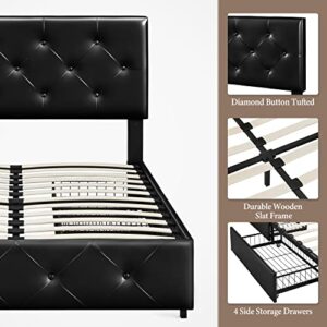 Yaheetech Upholstered Bed Frame with 4 Storage Drawers and Adjustable Headboard, Faux Leather Platform Bed Frame with Mattress Foundation, Strong Wooden Slats Support, No Box Spring Needed, Black-Full