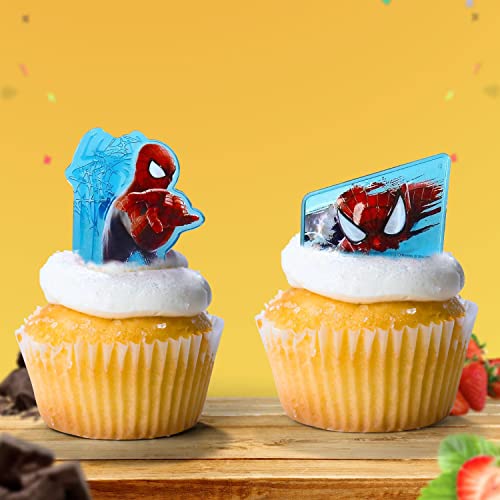 Spiderman Web-Slinger Rings, 12 Pack Cupcake Toppers, Two Designs, Party Favors.