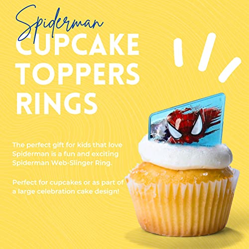 Spiderman Web-Slinger Rings, 12 Pack Cupcake Toppers, Two Designs, Party Favors.