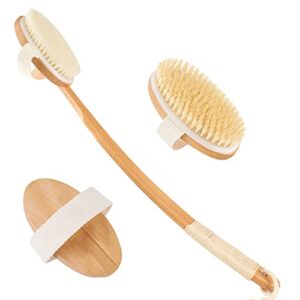 shower back brush, 2 heads 18.2 inch bath brush long handle for shower, body bath brush with stiff and soft bristles, back scrubber for shower for men and women