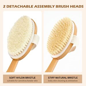 Shower Back Brush, 2 Heads 18.2 inch Bath Brush Long Handle for Shower, Body Bath Brush with Stiff and Soft Bristles, Back Scrubber for Shower for Men and Women