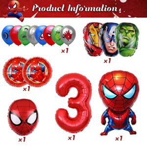 16PCS Superhero Birthday Party Balloons Spider Foil Balloons，Children's Superhero Theme 3th Birthday Party Decorations (3 Years old)