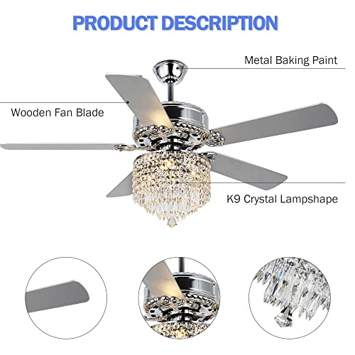 Oaks Aura 52In Crystal Ceiling Fan Fandelier,Modern Outdoor Ceiling Fans with Lights and Remote Control，Noiseless AC Motor, Retro Ceiling Fans for Farmhouse Lighting,Dining Room,Living Room