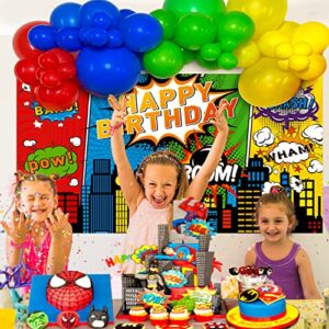 Happy Greetings 108 Pcs Super hero party decorations Balloons Arch Garland Kit, Superhero Birthday Party Backdrop hero Comic City Skyline Buildings Backdrop Theme Photo Booth 1st 2nd Bday For Kids Boy