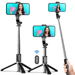 selfie stick tripod, all in one extendable & portable iphone tripod selfie stick with wireless remote compatible with iphone 14 13 12 11 pro xs max xr x 8 7, galaxy note10/s20/s10/oneplus 9/9 pro etc