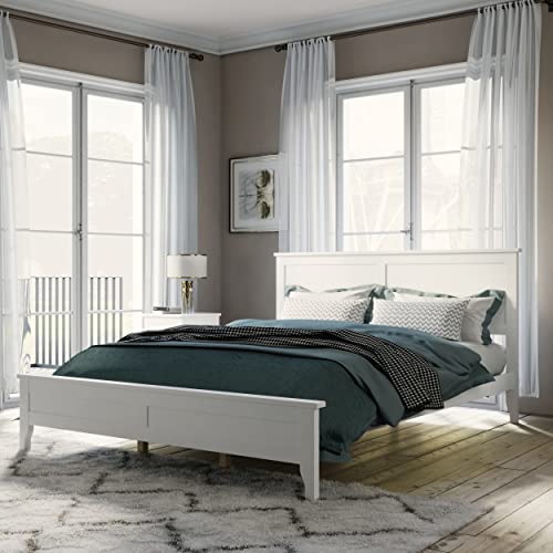 Bellemave Solid Wood Queen Platform Bed Frame with Headboard, Wooden Slats, No Box Spring Needed, Queen Size, Pine, White