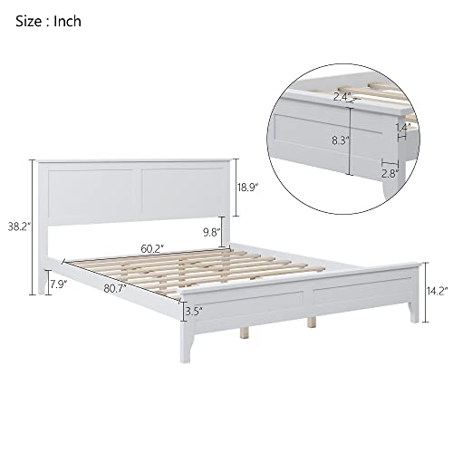 Bellemave Solid Wood Queen Platform Bed Frame with Headboard, Wooden Slats, No Box Spring Needed, Queen Size, Pine, White