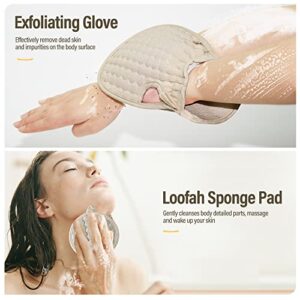 Suntee Exfoliating Back Scrubber for Shower, 3 PCS Loofah Back Scrubber with Exfoliating Glove and Sponge Pad Set, Long Deep Clean Back Washer Bath Shower Scrubber for Men and Women (36.5 * 4.5 inch)