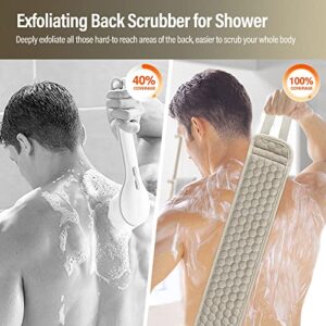 Suntee Exfoliating Back Scrubber for Shower, 3 PCS Loofah Back Scrubber with Exfoliating Glove and Sponge Pad Set, Long Deep Clean Back Washer Bath Shower Scrubber for Men and Women (36.5 * 4.5 inch)