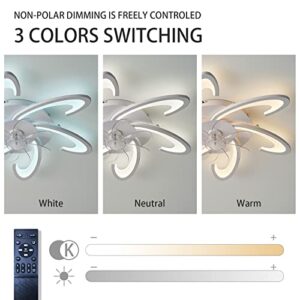 ARYROYAL Modern Indoor Recessed Ceiling Fan with Light, Dimmable Ceiling Fan with Remote Control, Intelligent Adjustment of 3 Colors of Light and 6 Wind Speeds, Suitable for Bedroom (White)