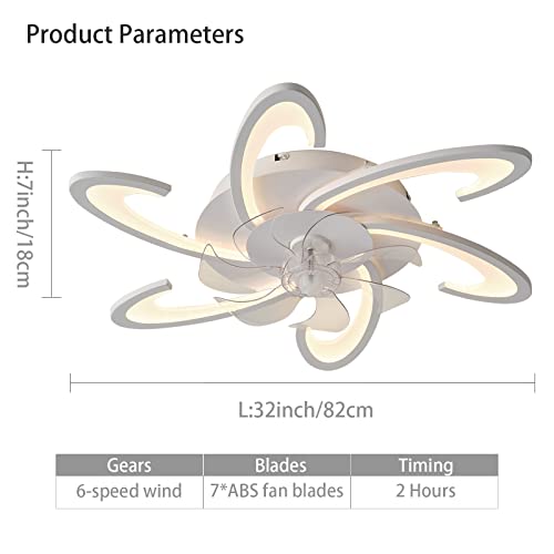 ARYROYAL Modern Indoor Recessed Ceiling Fan with Light, Dimmable Ceiling Fan with Remote Control, Intelligent Adjustment of 3 Colors of Light and 6 Wind Speeds, Suitable for Bedroom (White)