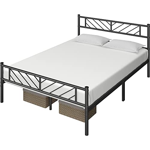 Yaheetech Queen Size Platform Bed Frame with Arrow Design Headboard, 13 Inches Metal Mattress Foundation for Storage, No Box Spring Needed, Easy Assembly, Modern, Black