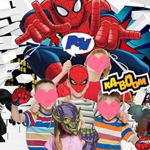 White Brick Wall Spiderman Photo Background 5x3ft Polyester Superhero Cityscape Spider Web for Children Baby Boys Birthday Party Banner Decorations Baby Shower Supplies