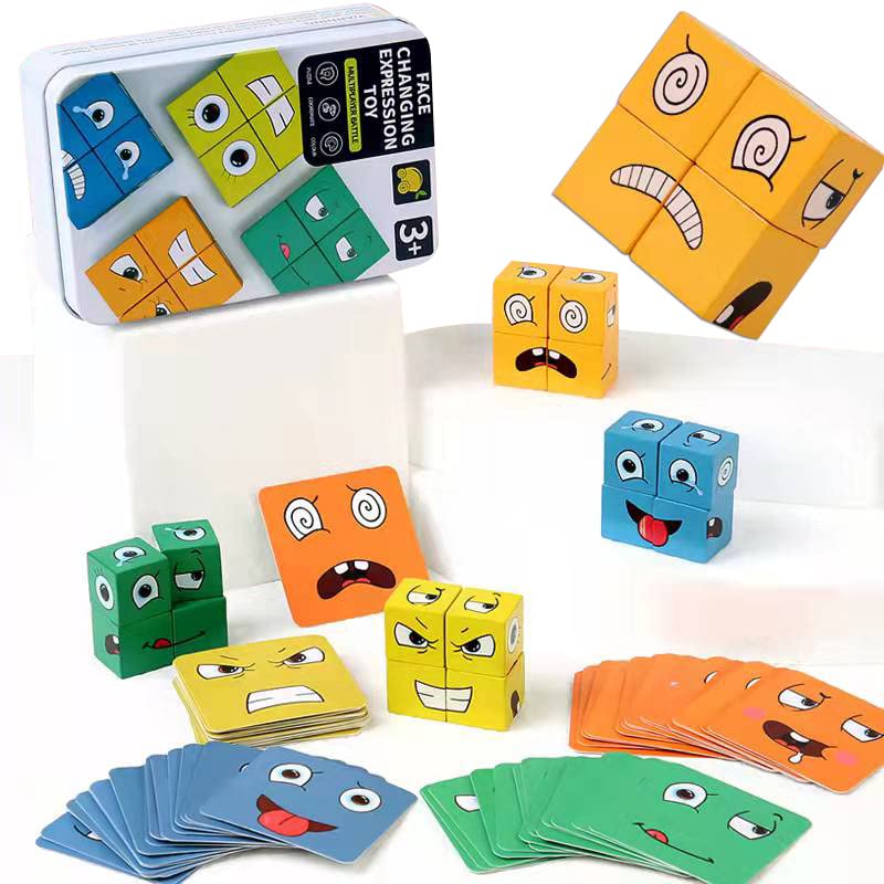 LELEMON Wooden Expressions Matching Block Puzzles Building Cubes Toy Borad Games Educational Montessori Toys for Toddler