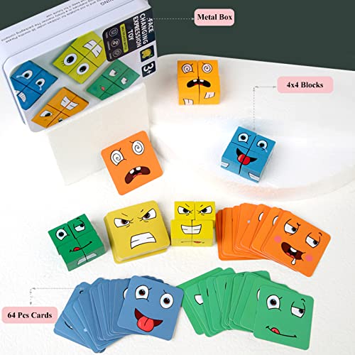 LELEMON Wooden Expressions Matching Block Puzzles Building Cubes Toy Borad Games Educational Montessori Toys for Toddler