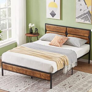 vecelo queen bed frame heavy duty metal platform with wooden headboard footboard mattress foundation 12 strong steel slats support under bed storage/easy assemble