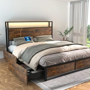 gitua bed frame with storage drawers full size - led lights and charging station metal bed frame with headboard, no box spring platform bed frame wood, vintage brown