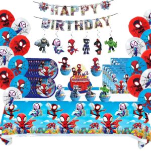 Spidey and His Amazing Friends Birthday Party Supplies Decorations Set with Tablecloth,Plates,Napkins, Banner, Balloons, Hanging Swirls, Cake Cupcake Toppers for Boys Girls Spidey-Theme Party