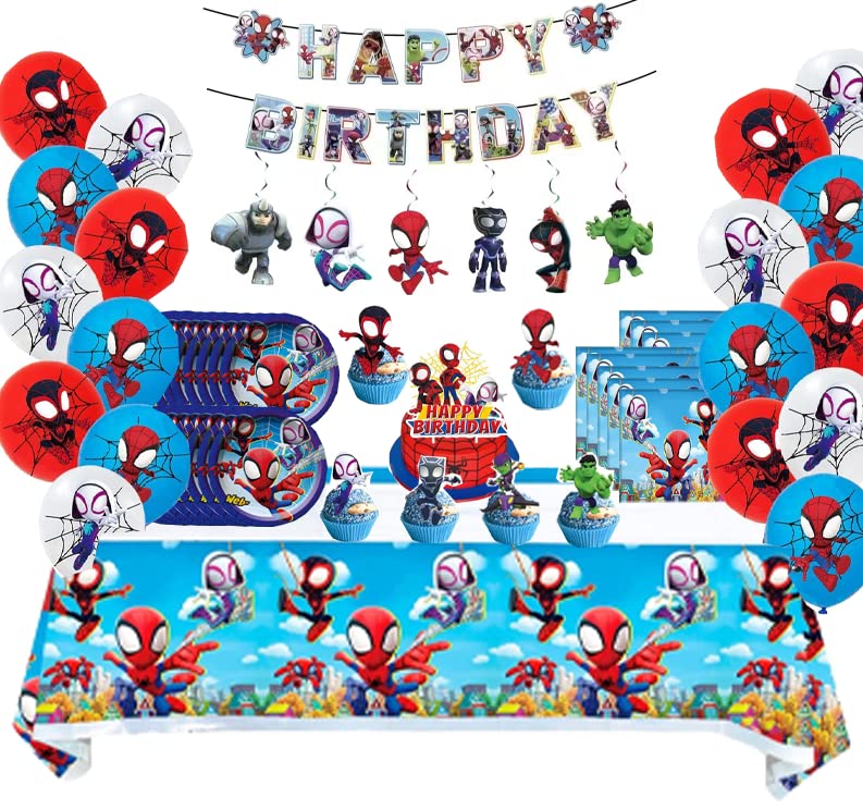 Spidey and His Amazing Friends Birthday Party Supplies Decorations Set with Tablecloth,Plates,Napkins, Banner, Balloons, Hanging Swirls, Cake Cupcake Toppers for Boys Girls Spidey-Theme Party