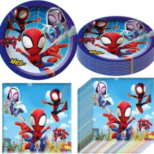 Spidey and His Amazing Friends Birthday Party Supplies Decorations Set with Tablecloth,Plates,Napkins, Banner, Balloons, Hanging Swirls, Cake Cupcake Toppers for Boys Girls Spidey-Theme Party