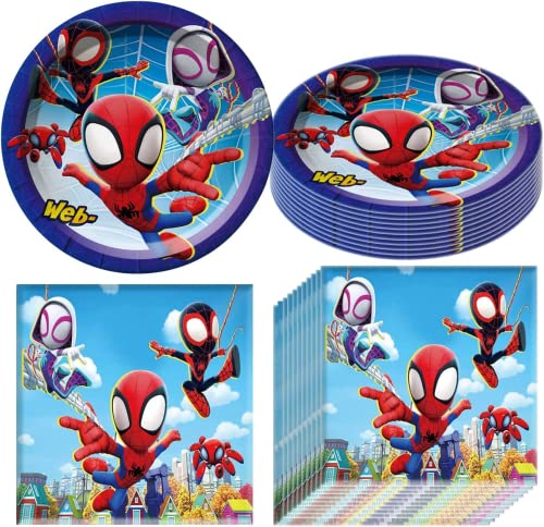 Spidey and His Amazing Friends Birthday Party Supplies Decorations Set with Tablecloth,Plates,Napkins, Banner, Balloons, Hanging Swirls, Cake Cupcake Toppers for Boys Girls Spidey-Theme Party