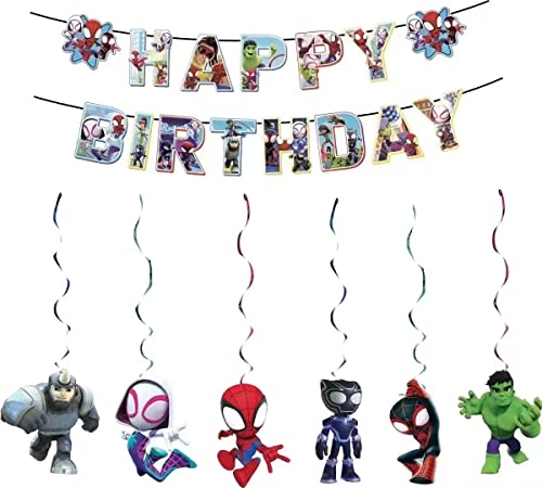 Spidey and His Amazing Friends Birthday Party Supplies Decorations Set with Tablecloth,Plates,Napkins, Banner, Balloons, Hanging Swirls, Cake Cupcake Toppers for Boys Girls Spidey-Theme Party