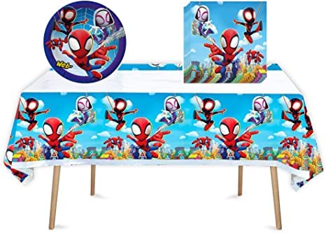 Spidey and His Amazing Friends Birthday Party Supplies Decorations Set with Tablecloth,Plates,Napkins, Banner, Balloons, Hanging Swirls, Cake Cupcake Toppers for Boys Girls Spidey-Theme Party